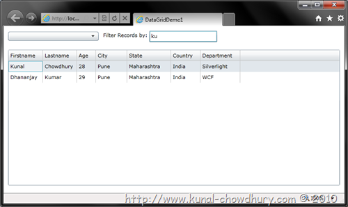 Filtering Records in Silverlight DataGrid using PagedCollectionView | Kunal Chowdhury